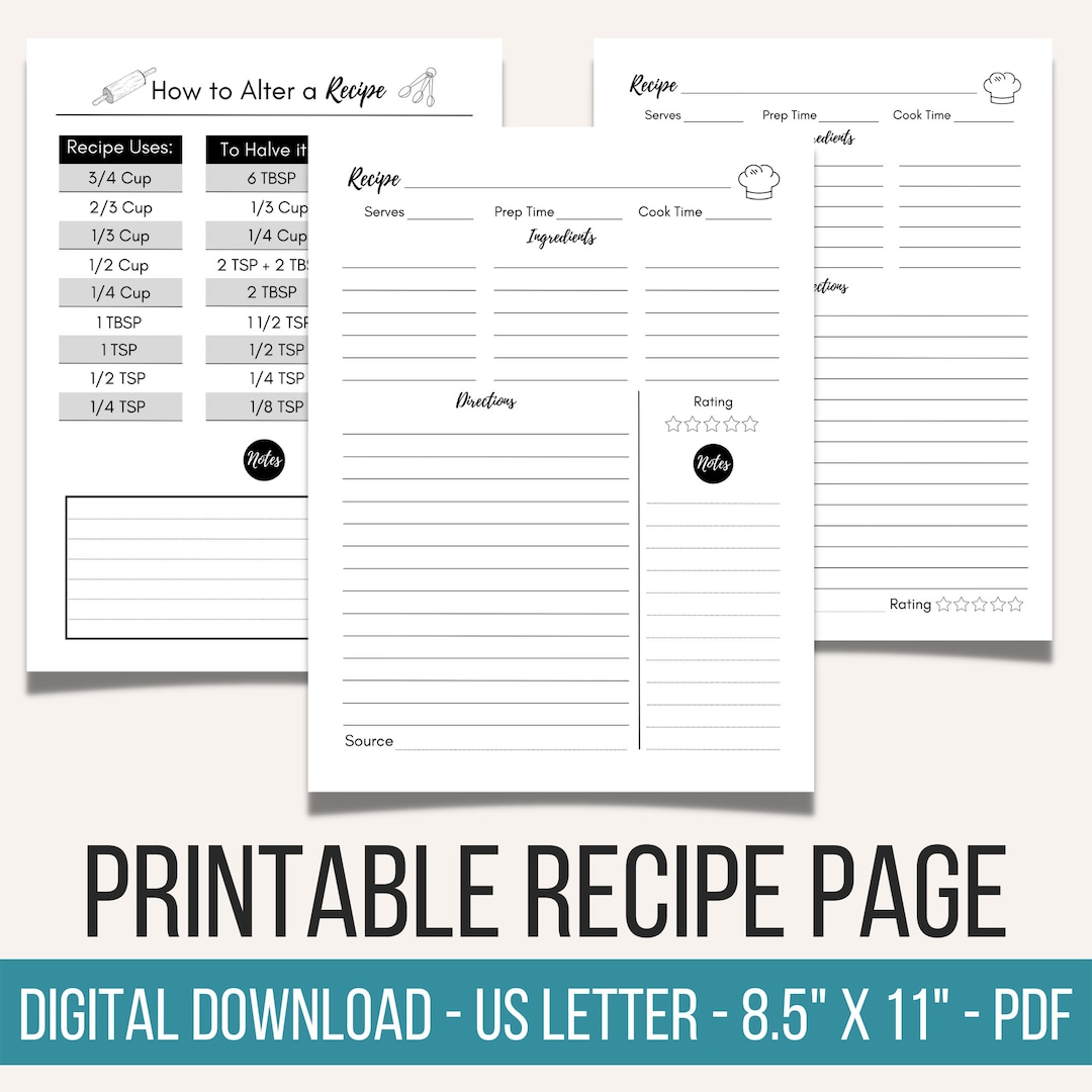 Printable Recipe Pages PDF Blank Recipe Full Page Recipe Binder Sheet ...