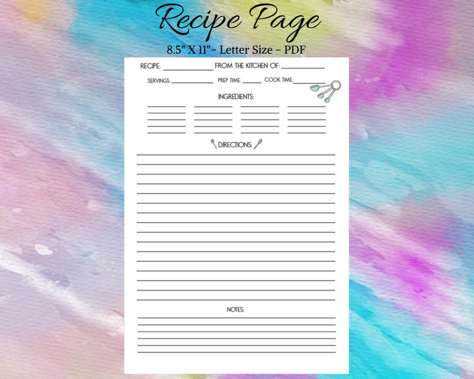 Printable Recipe Page, Recipe Card Full Page, Baking Recipe Sheet ...