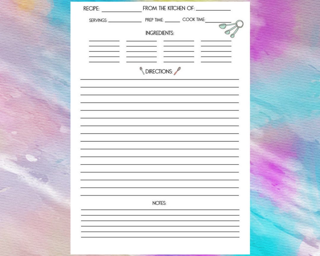 Printable Recipe Page, Recipe Card Full Page, Baking Recipe Sheet ...