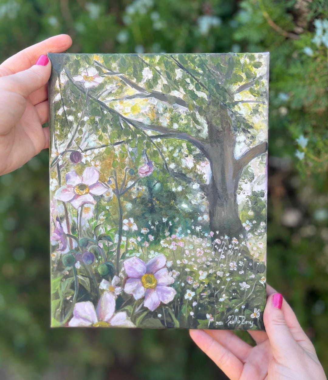 ORIGINAL OIL Pink Flower Field Under Tree PAINTING 8x10" by Noelle ...
