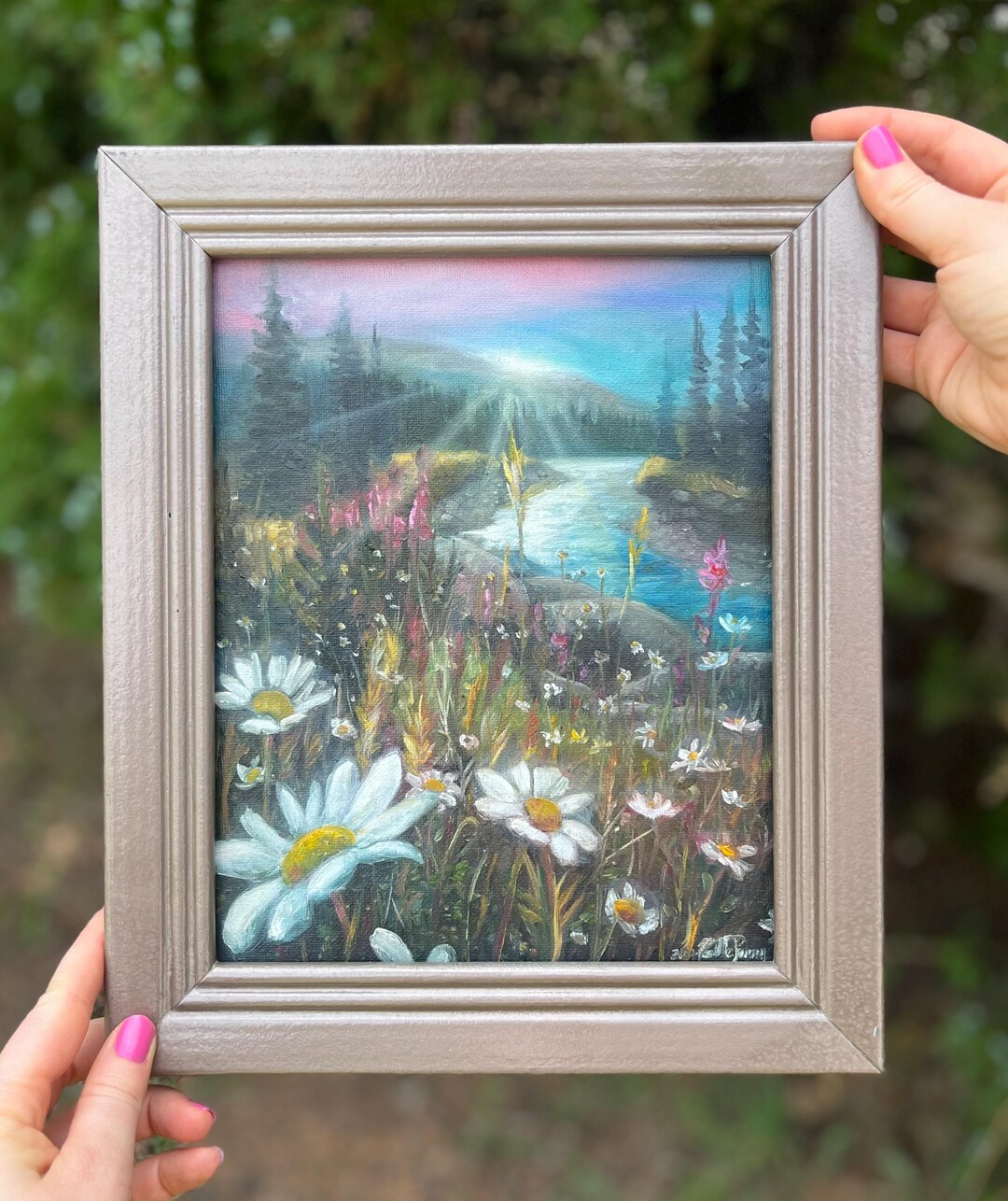 Daisies ORIGINAL Oil Flower Field by River by Noelle Perry ~ Framed ...