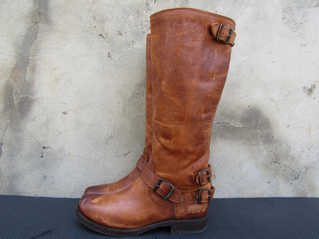 Frye Veronica Moto Biker Brown Leather Back Zip Tall Boots Womens Size ...