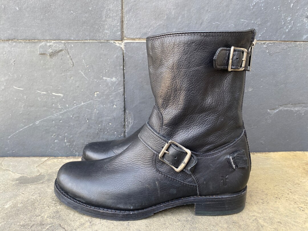 Frye Veronica Black Leather Moto Buckle Zip Block Heel Rounded Toe Boot ...