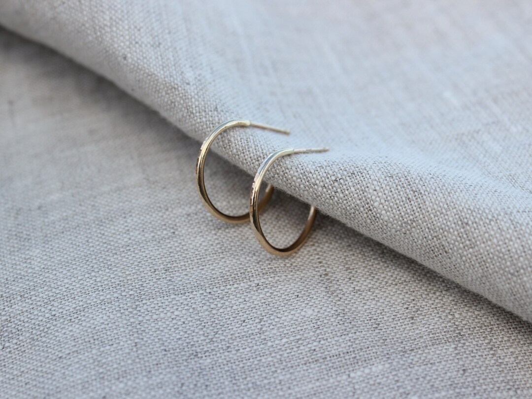 14k Yellow Gold Hoops, Solid Yellow Gold, Hammered Hoops, Posts, 3/4 ...