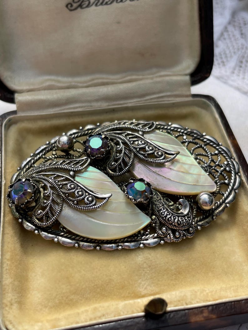 Vintage 1950’s Filigree With Mother of Pearl and Aurora Borealis AB ...