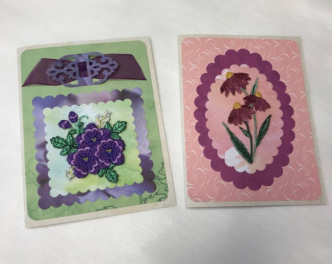 2 Note Cards, Hand Made, Machine Embroidered, All Occasion, "just a ...
