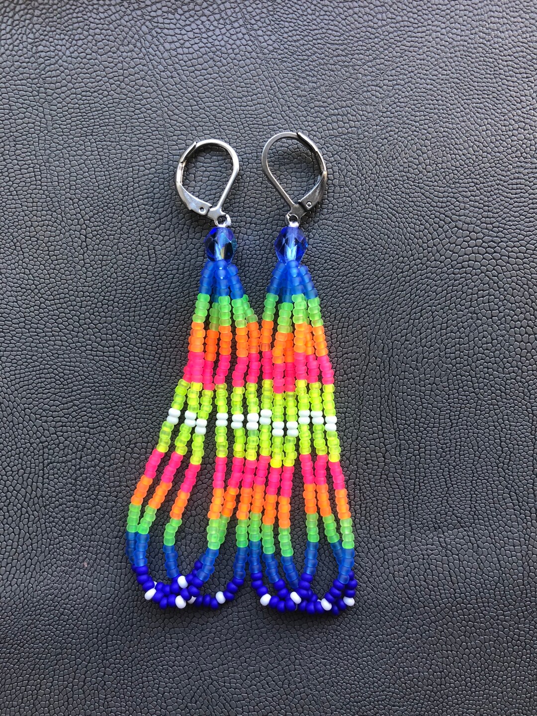 Native American Handmade Long 3 Beaded Neon Earrings Aurora Borealis ...