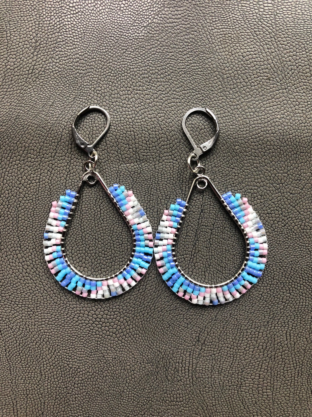 Native American Made Beaded Tear Drop Hoop Light Blue Earrings. - Etsy