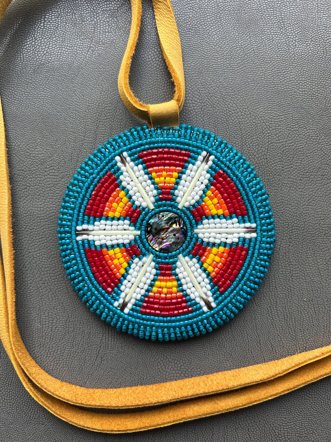 Native American Made Beaded Medallion Necklace Blue With Feather Design ...