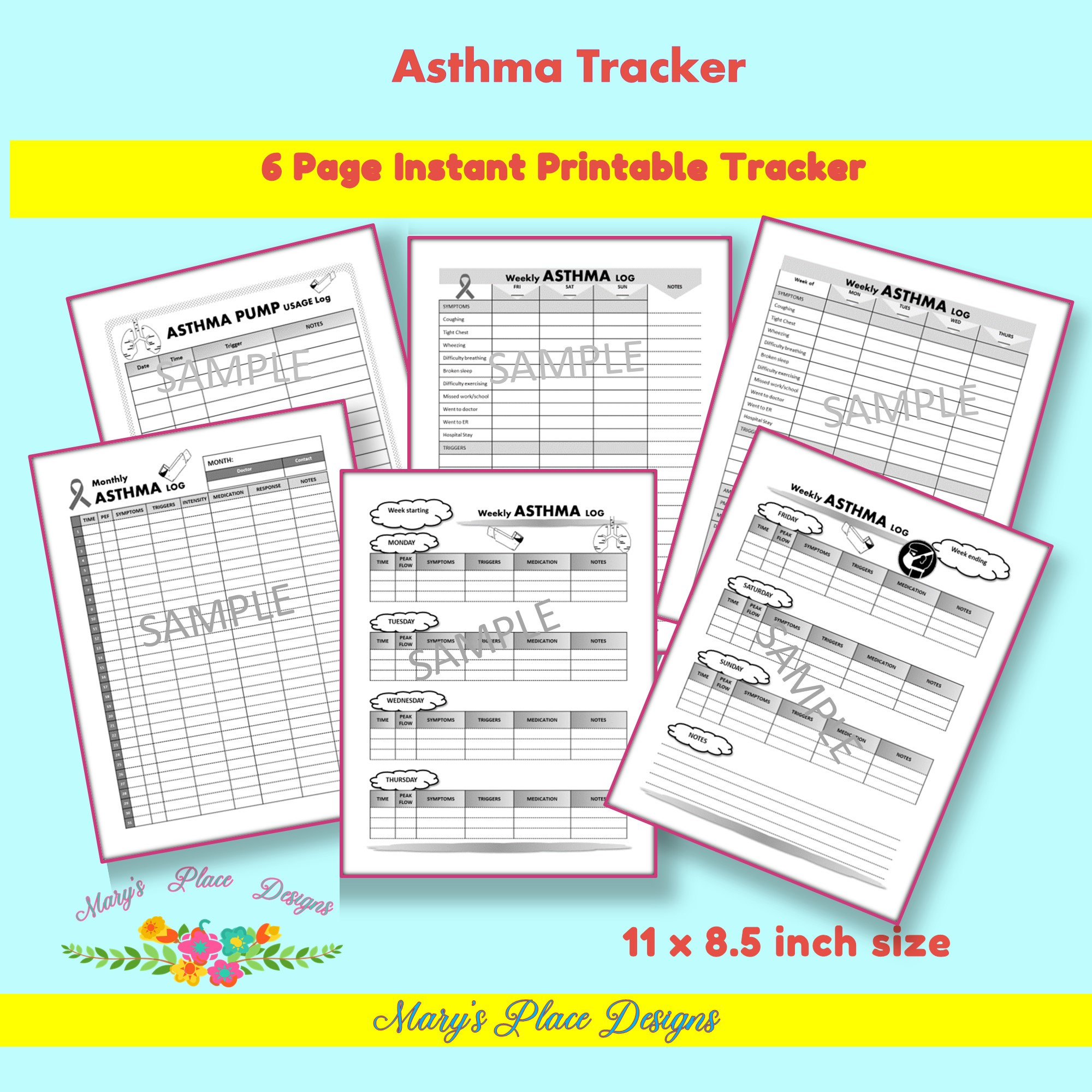 Asthma Tracker |monthly Tracker |monthly Asthma Log | 2 Styles Weekly ...