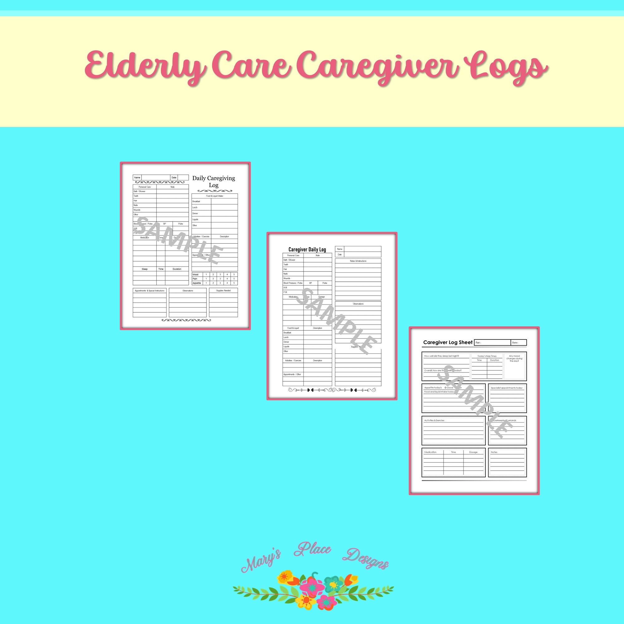 Elderly Care Caregiver Logs| 6 Daily Log Formats | 1 Weekly Checklist ...