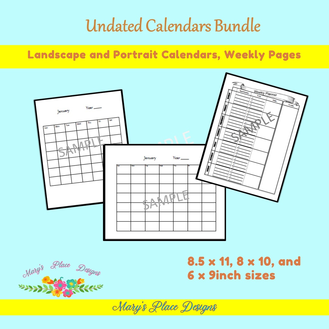 Undated Calendar, Three Sizes, Landscape Calendar, Calendar Printables ...