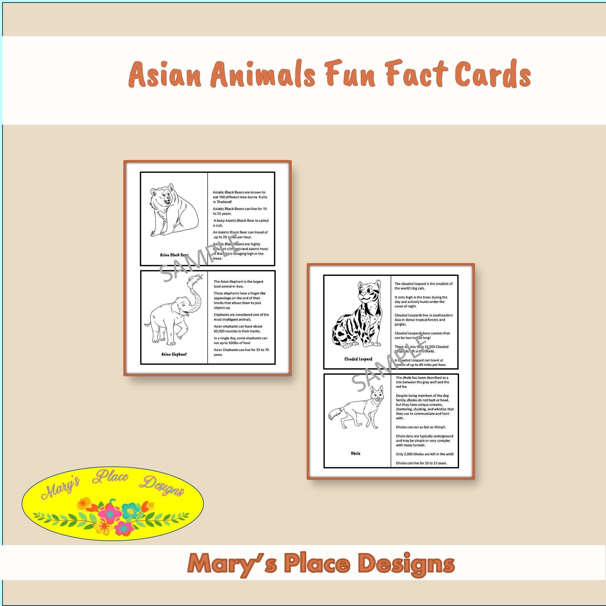 Asian Animals Fun Fact Cards 30 Different Flash Cards Black and White ...