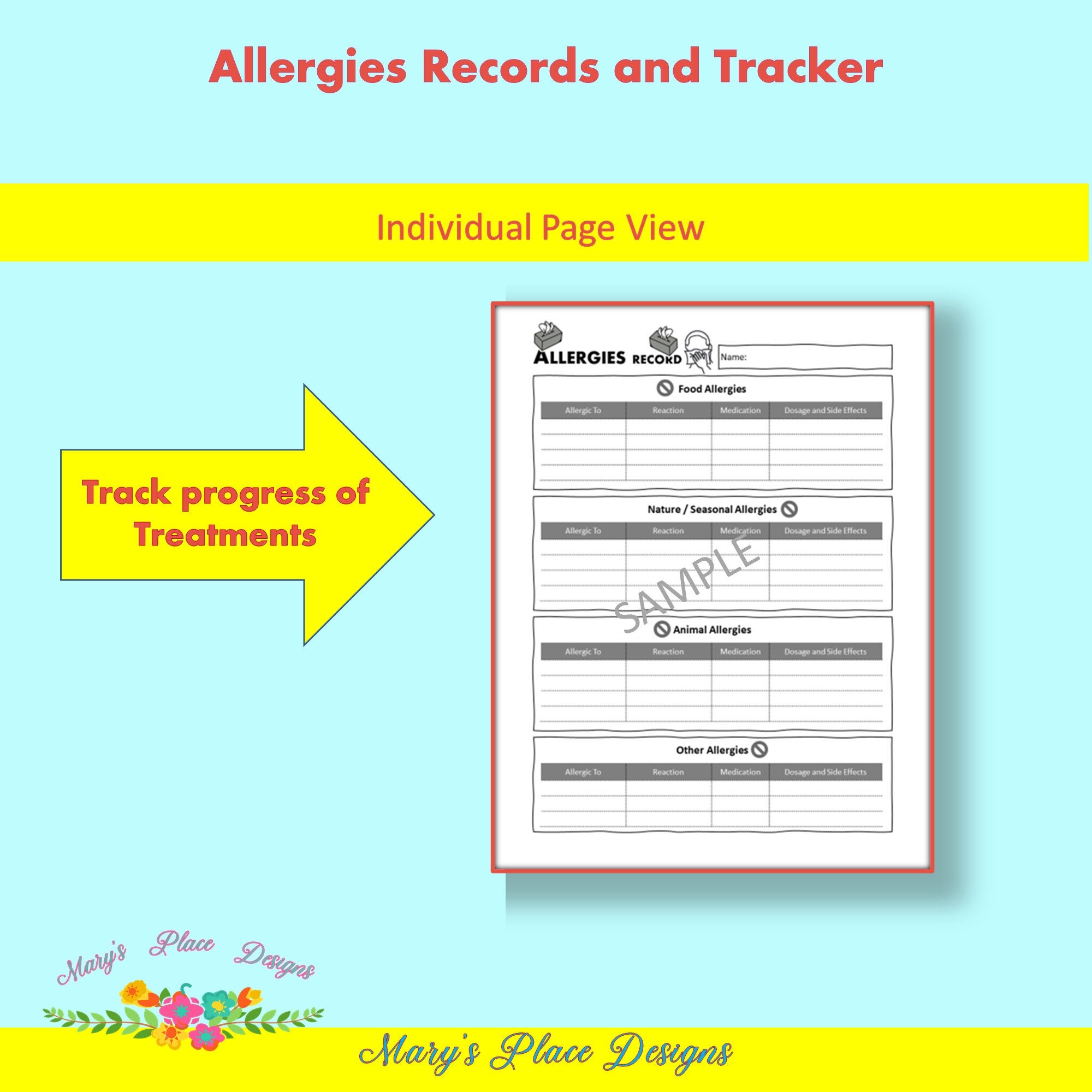 Allergies Record | Allergies Tracker | Instant Download | Printable ...