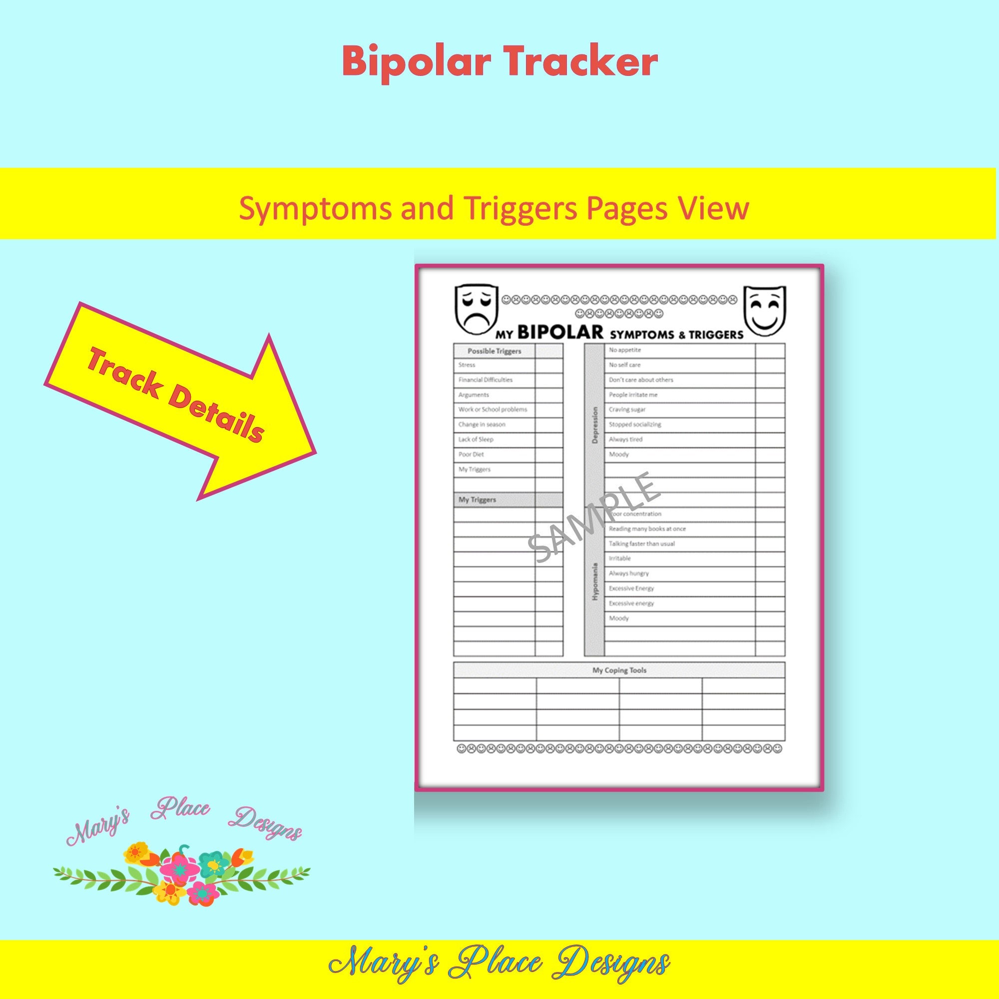 Monthly Bipolar Tracker mood Tracker medications Tracker Symptoms and ...