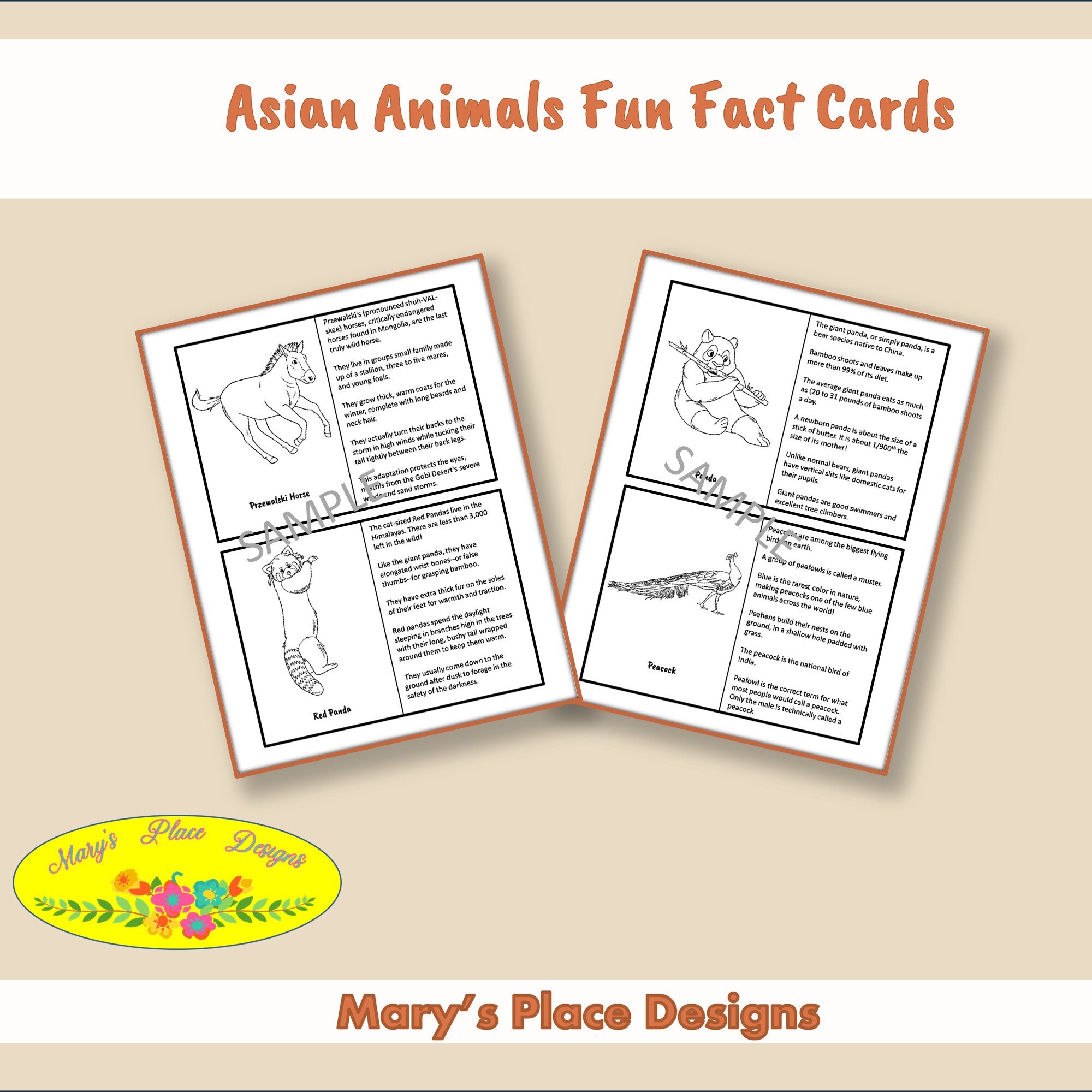 Asian Animals Fun Fact Cards 30 Different Flash Cards Black and White ...