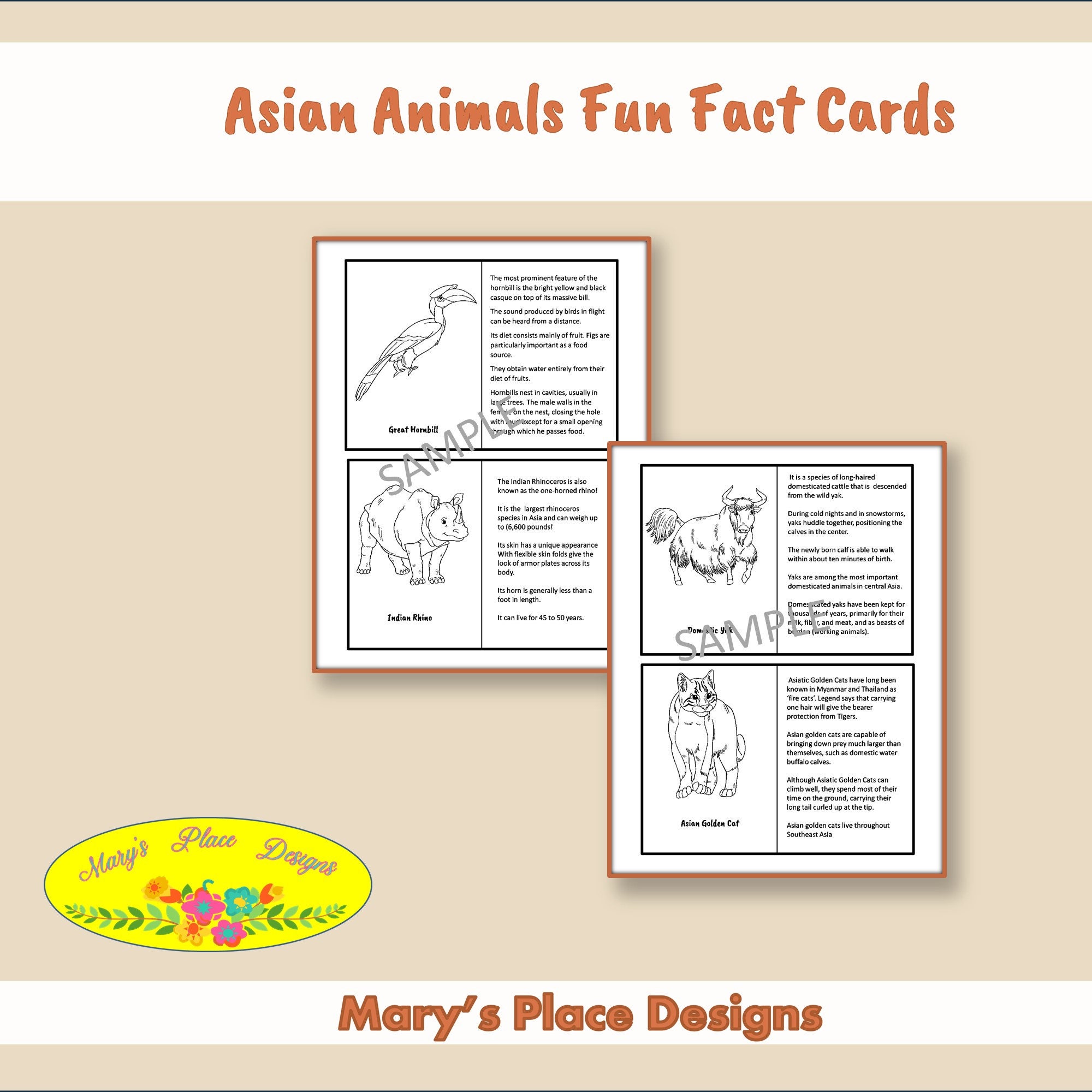 Asian Animals Fun Fact Cards 30 Different Flash Cards Black and White ...