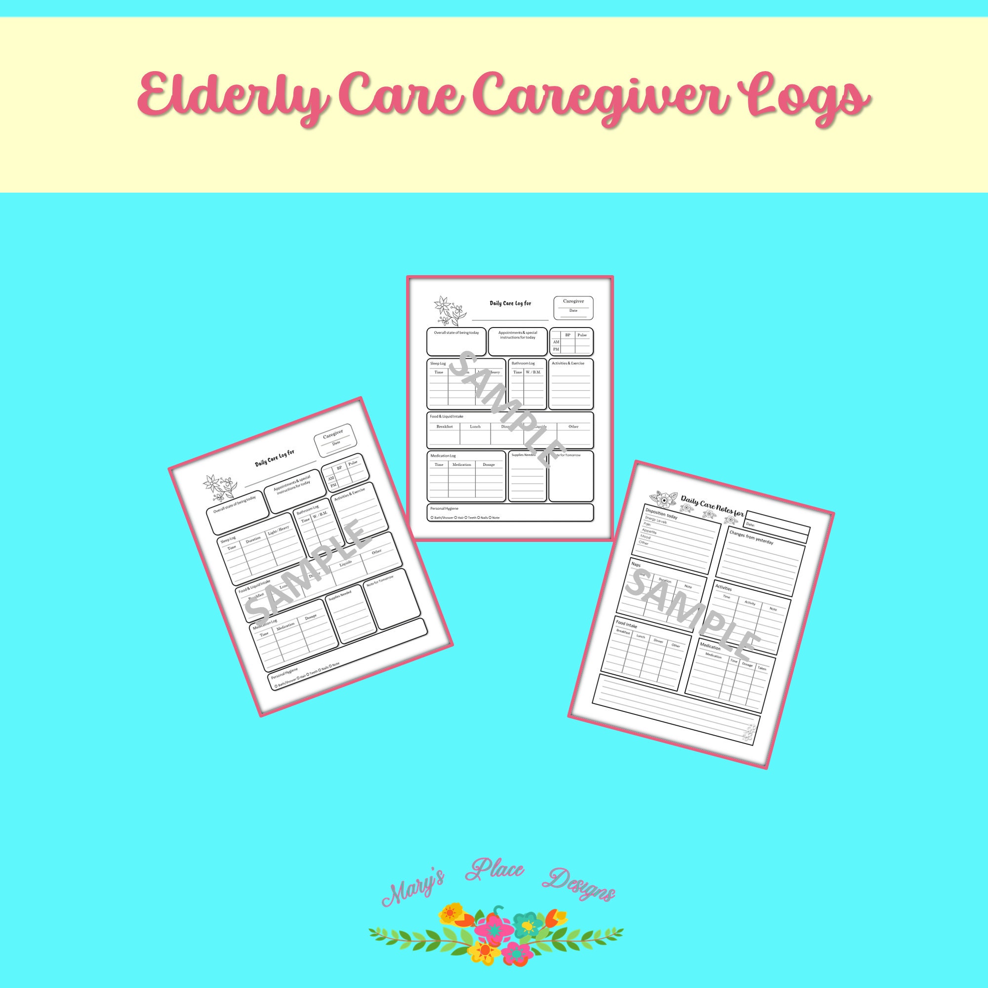 Elderly Care Caregiver Logs| 6 Daily Log Formats | 1 Weekly Checklist ...