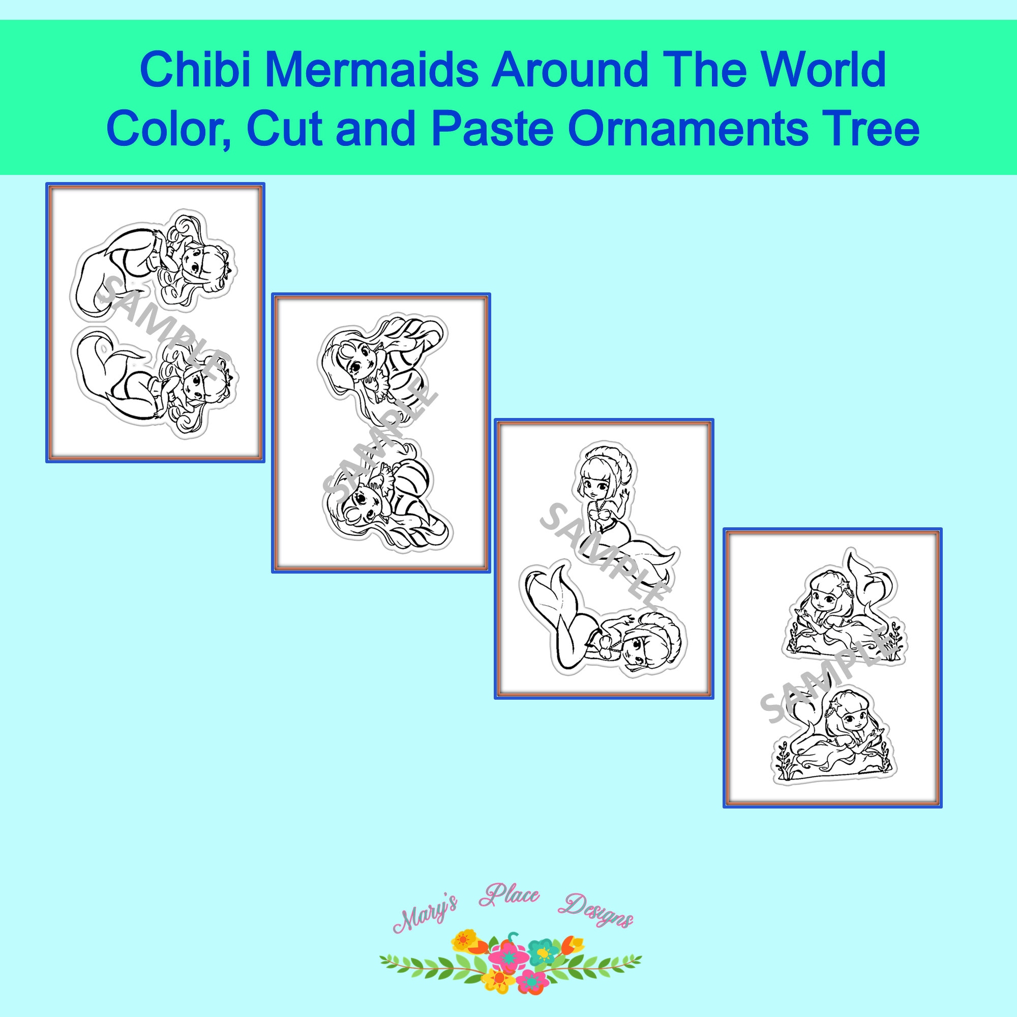 Chibi Mermaids Around the World Color Cut Paste Ornaments Tree| Scissor ...