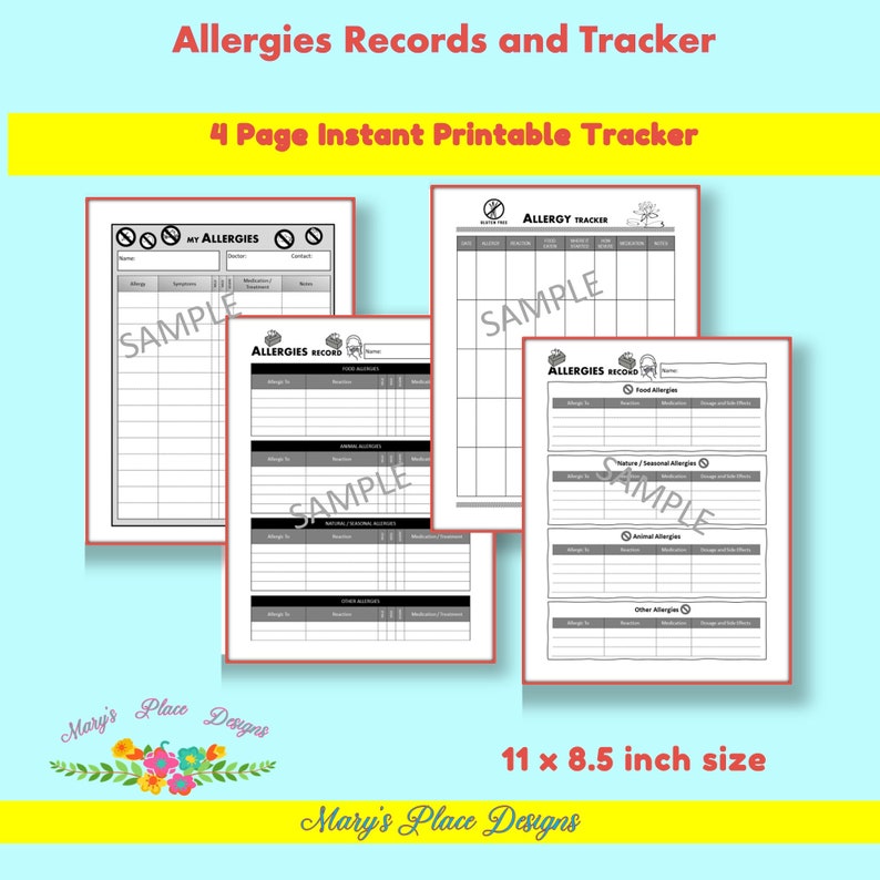 Allergies Record | Allergies Tracker | Instant Download | Printable ...