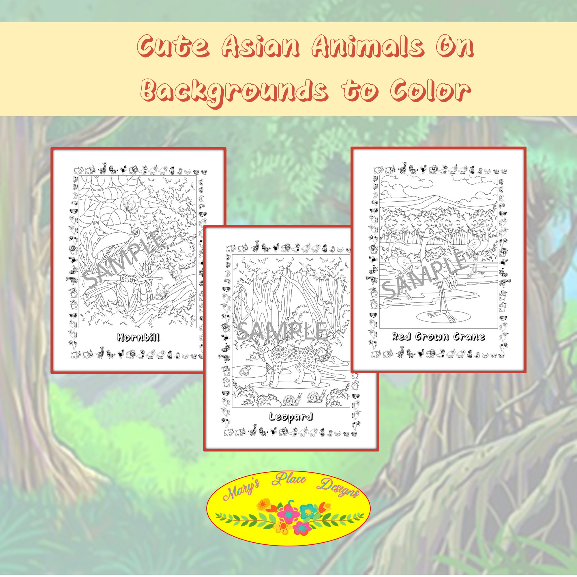 Cute Asian Animals on Backgrounds to Color | 30 Different Pictures ...