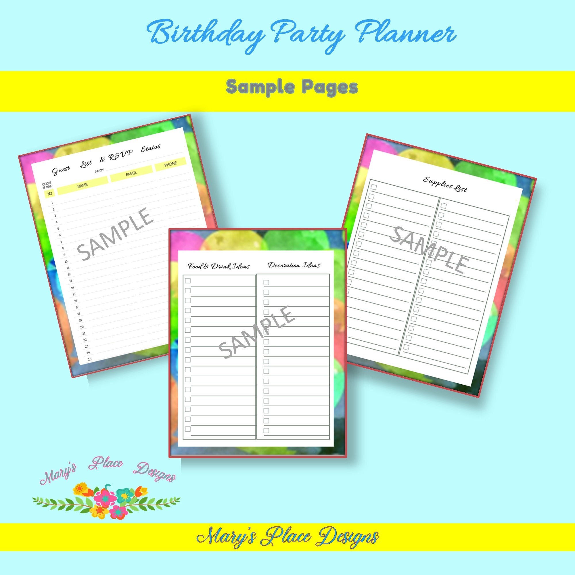 Birthday Party Planner | to Do Lists| Birthday Tracker | Food, Drinks ...