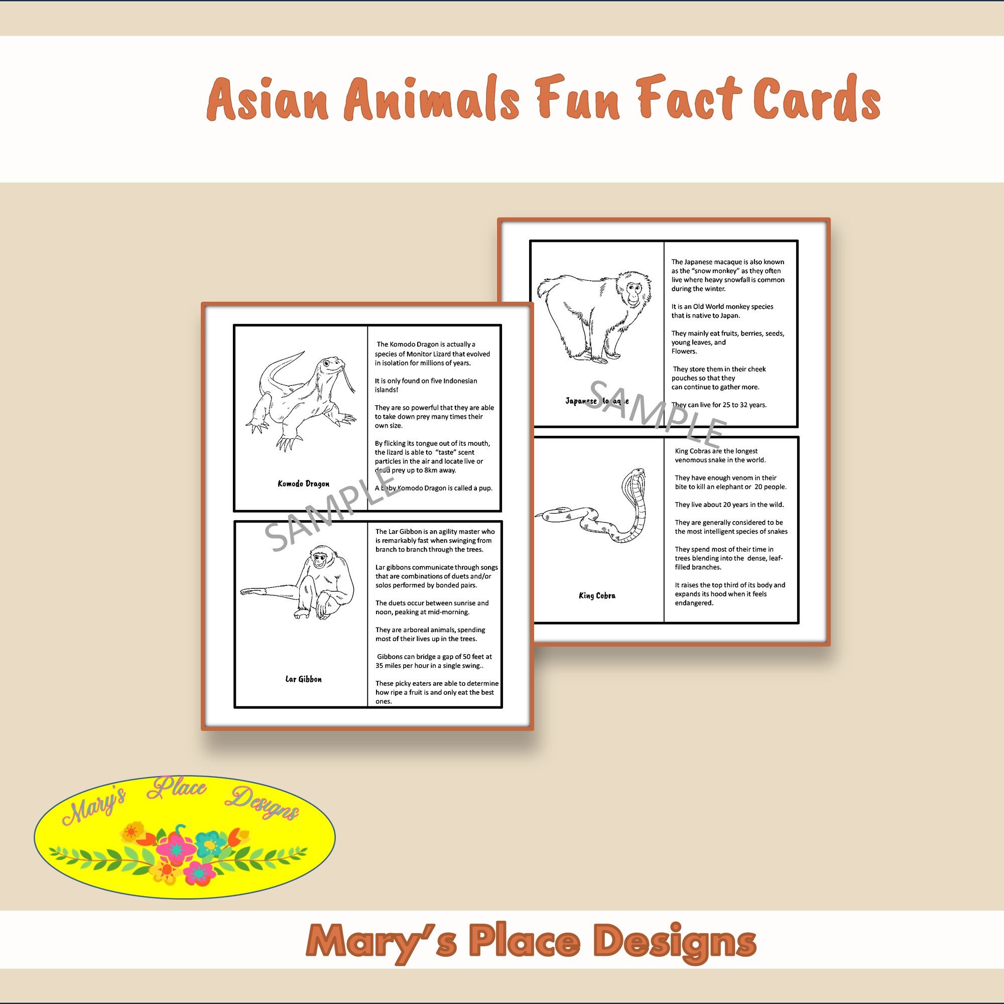 Asian Animals Fun Fact Cards 30 Different Flash Cards Black and White ...