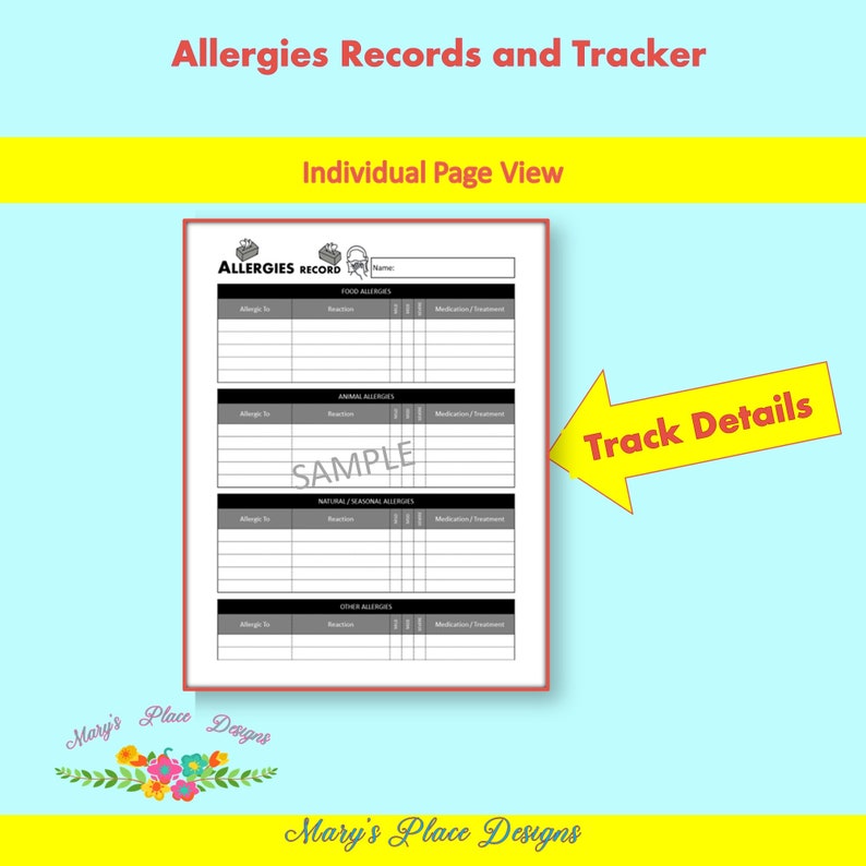 Allergies Record | Allergies Tracker | Instant Download | Printable ...