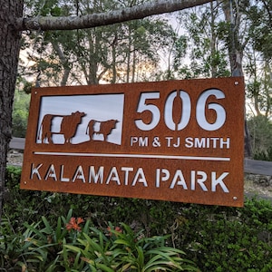 Custom Corten Steel Cow Sign With Street Number and Property Name 50 X ...