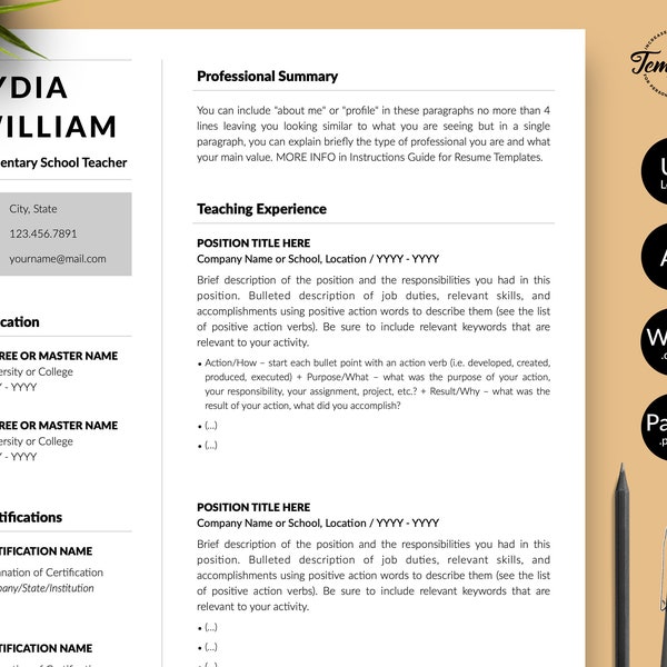 Simple & Basic Resume for Teacher / Minimalist Resume for Word and ...