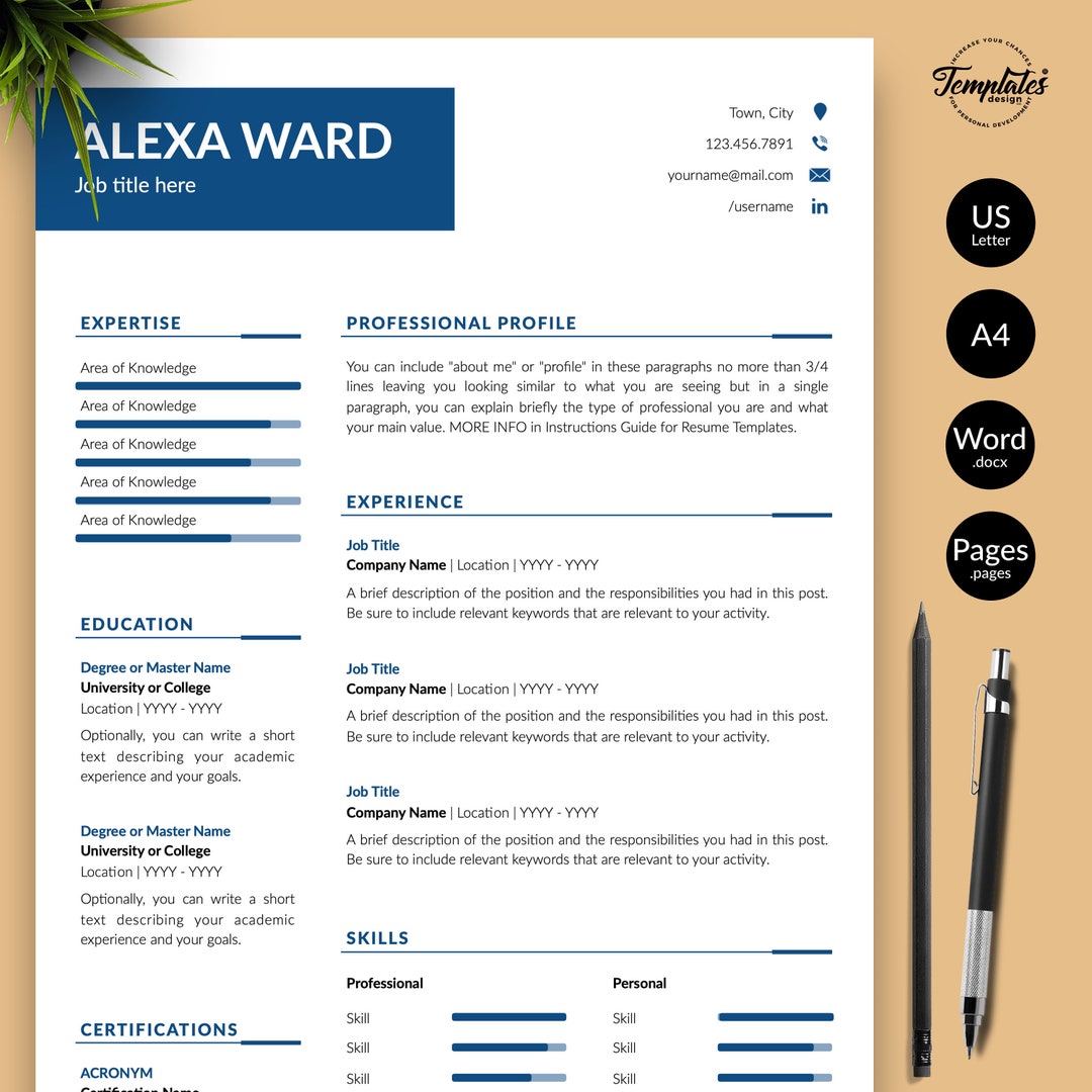 Professional Resume Template Word / 1, 2, and 3 Page Resume Simple CV ...