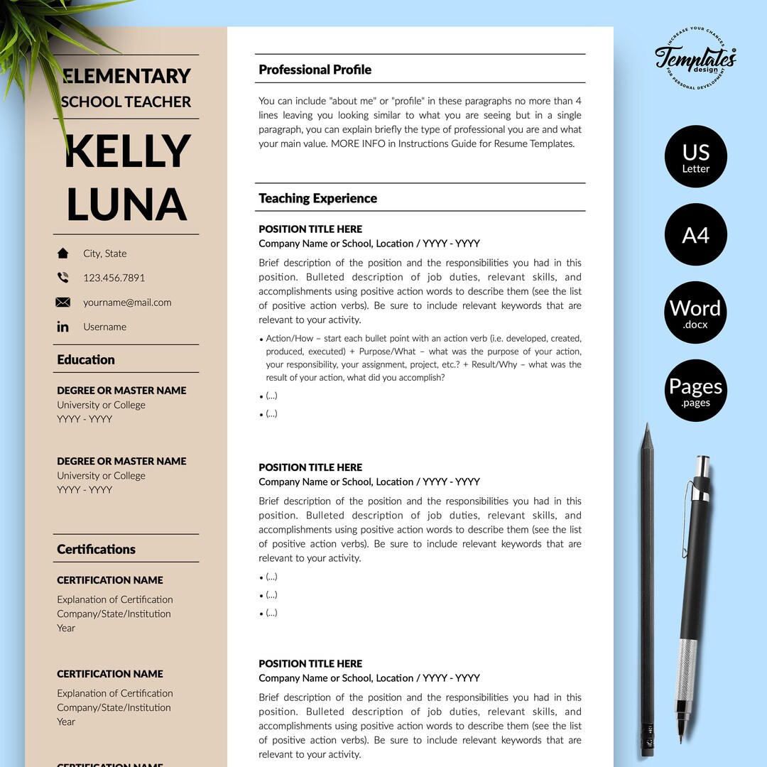 Teacher Resume Template, Cover Letter, CV (instant Download) - Etsy