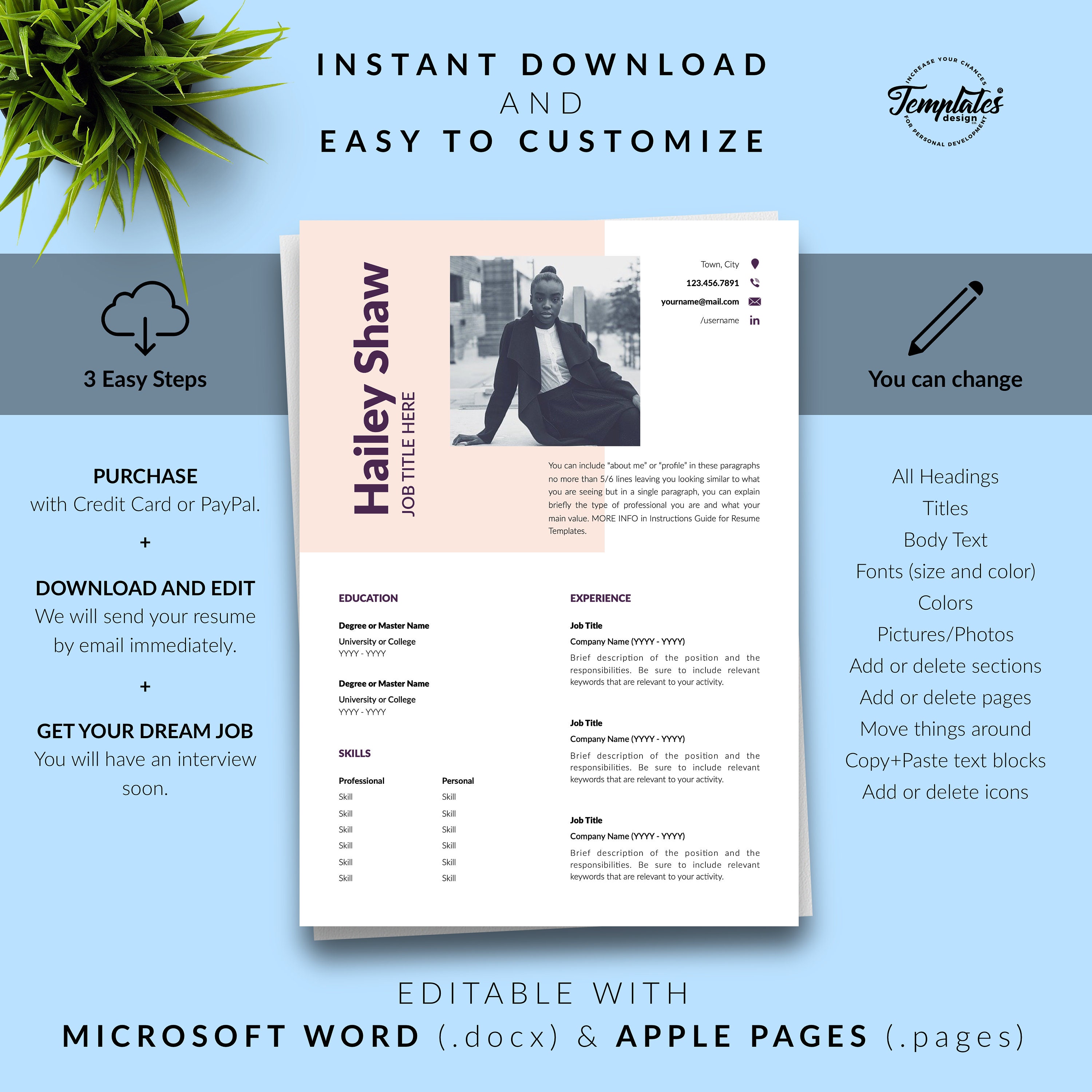 Word Resume Template / Modern Resume Design With Photo / Modern CV ...