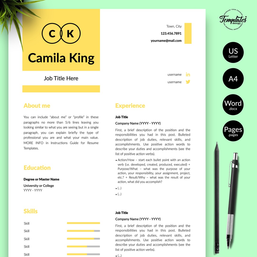 Modern CV Resume for Word / Simple and Clean CV Template Editable With ...