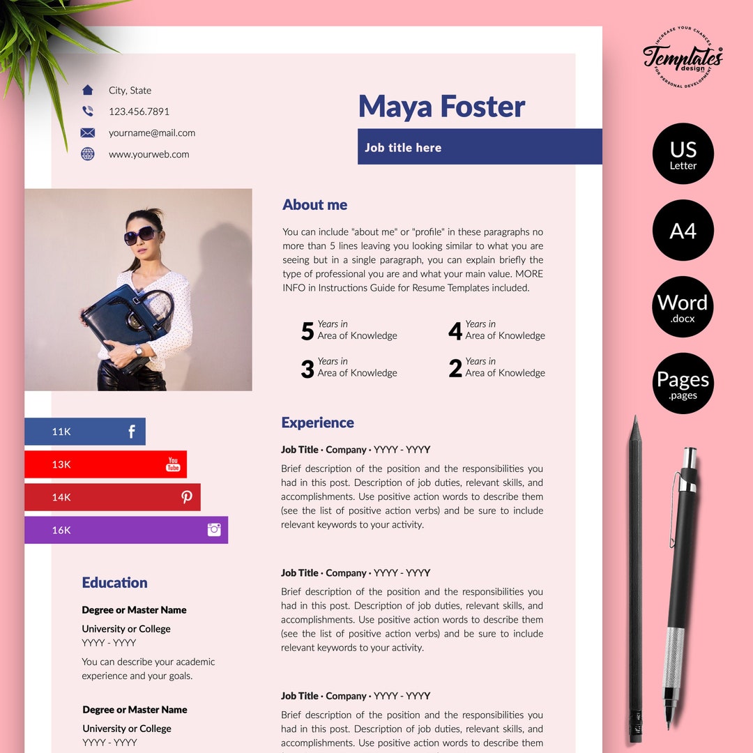 Modern Resume Template, Creative CV for Word & Pages (digital Download ...