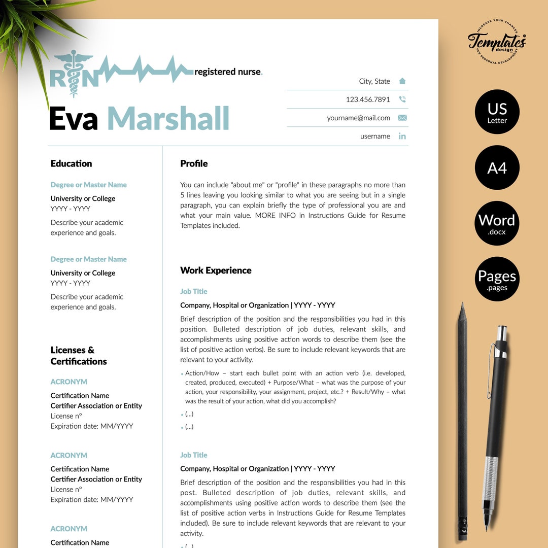 Best Registered Nurse Resume Template for Word / Nursing Resume / Nurse ...