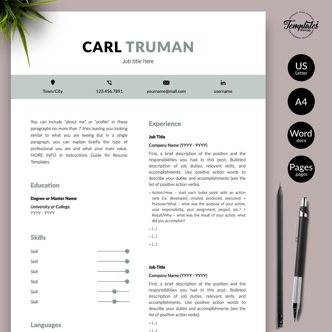 Elegant CV Resume Template / Resume for Microsoft Word and Apple Pages ...