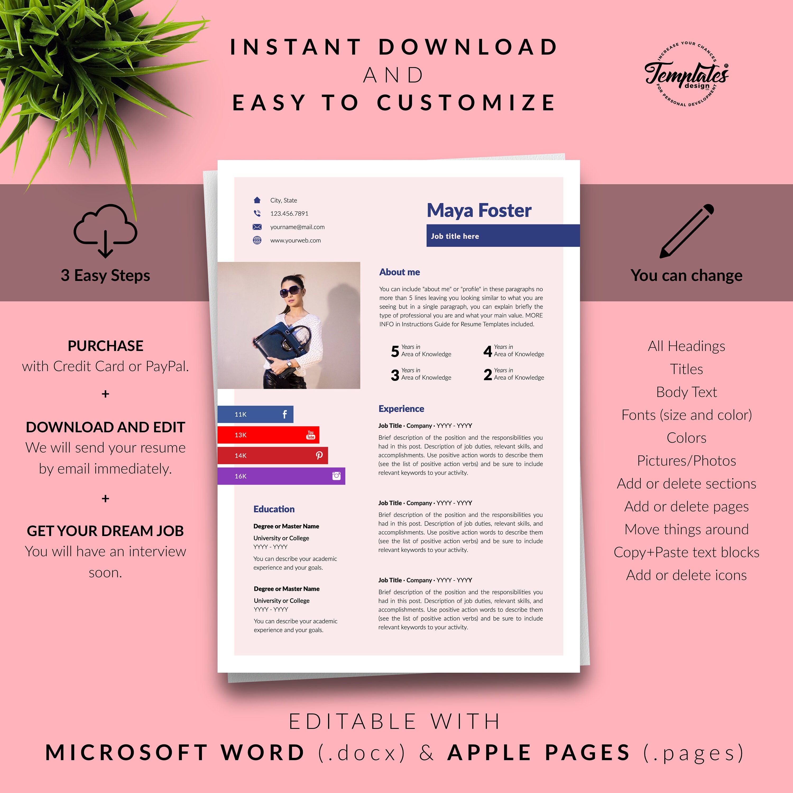 Modern Resume Template for Marketing or Fashion Jobs / Creative CV With ...