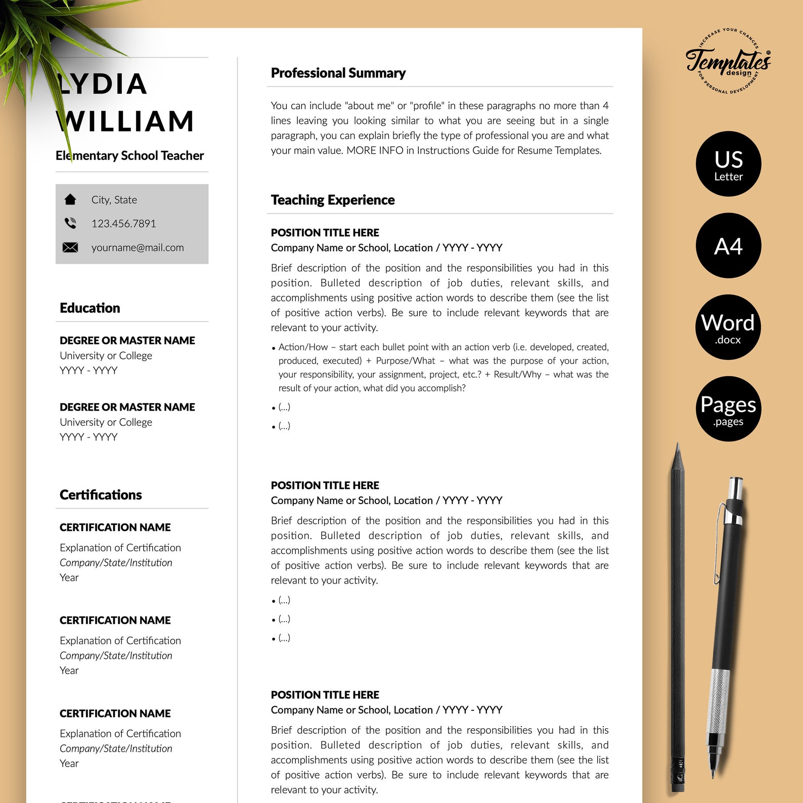Simple & Basic Resume for Teacher / Minimalist Resume for Word - Etsy