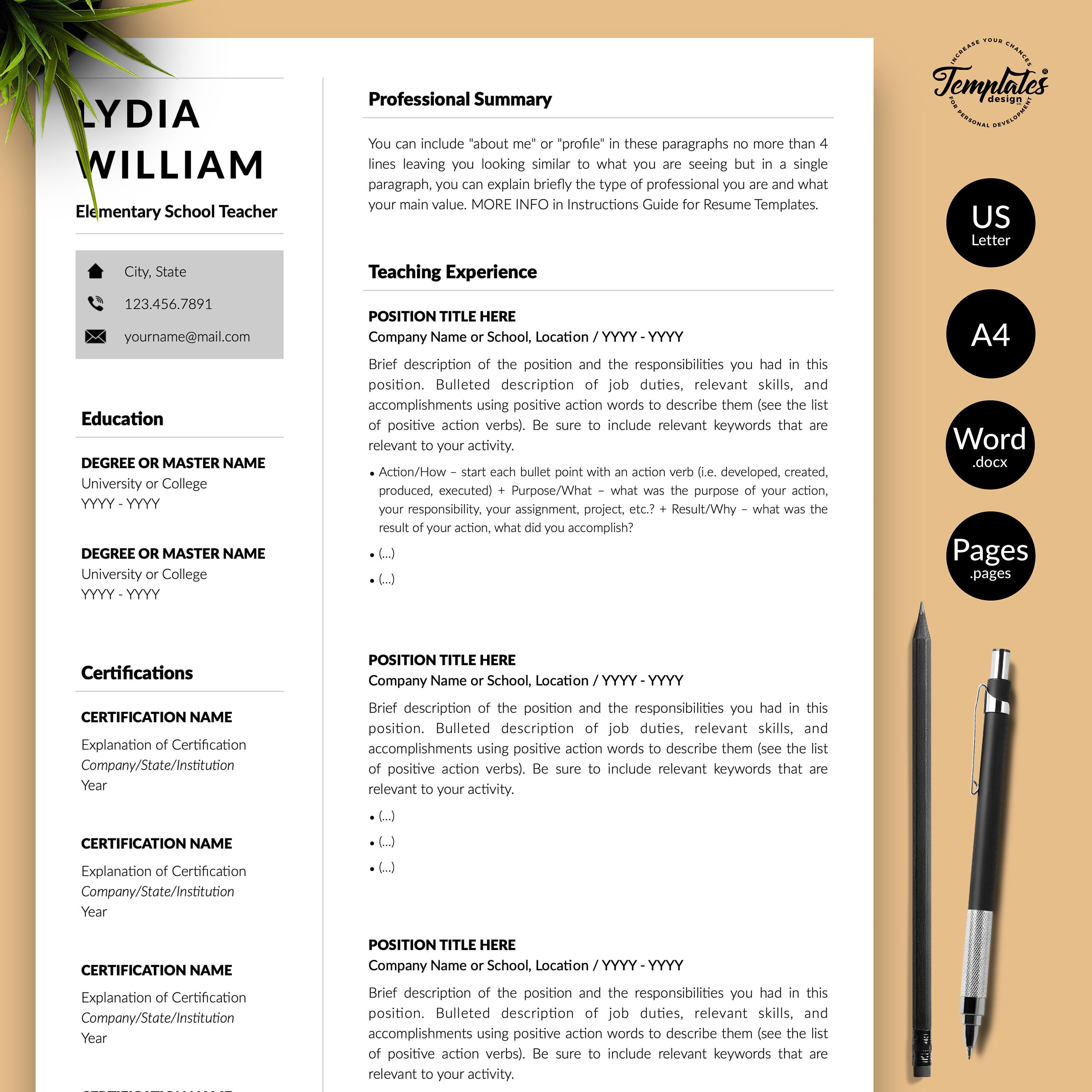 Simple & Basic Resume for Teacher / Minimalist Resume for Word - Etsy