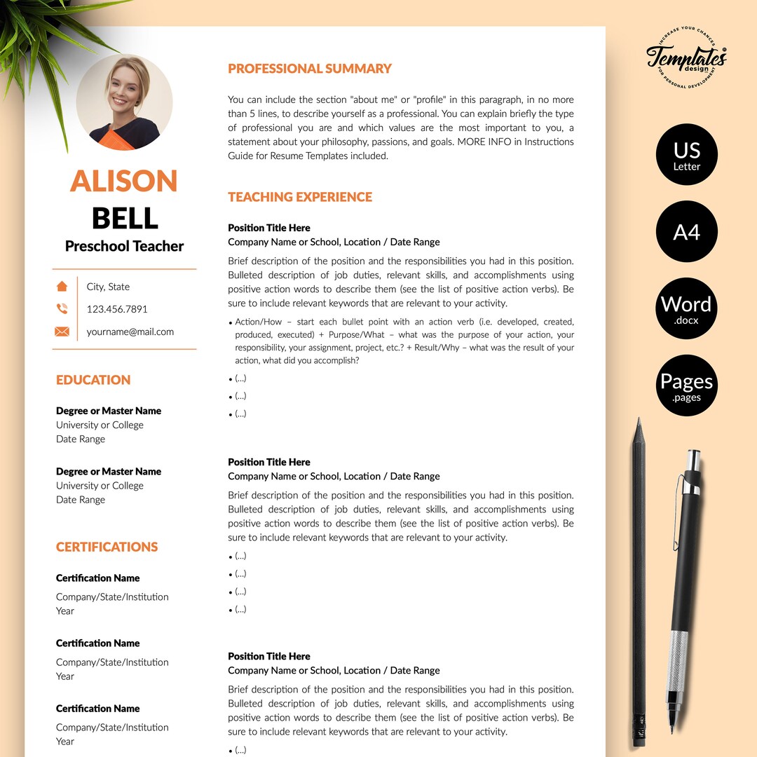 Teacher Resume Template With Photo for Word & Pages / Modern and ...