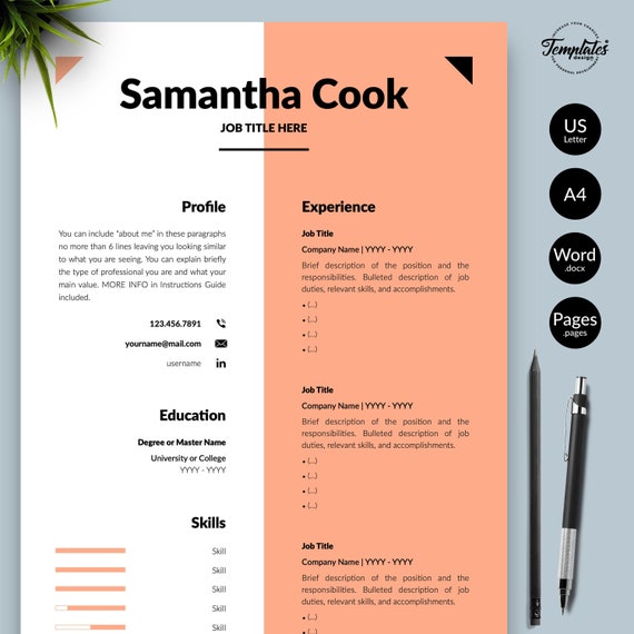 Female CV Resume Template Cover Letter / Modern and Feminine | Etsy Canada