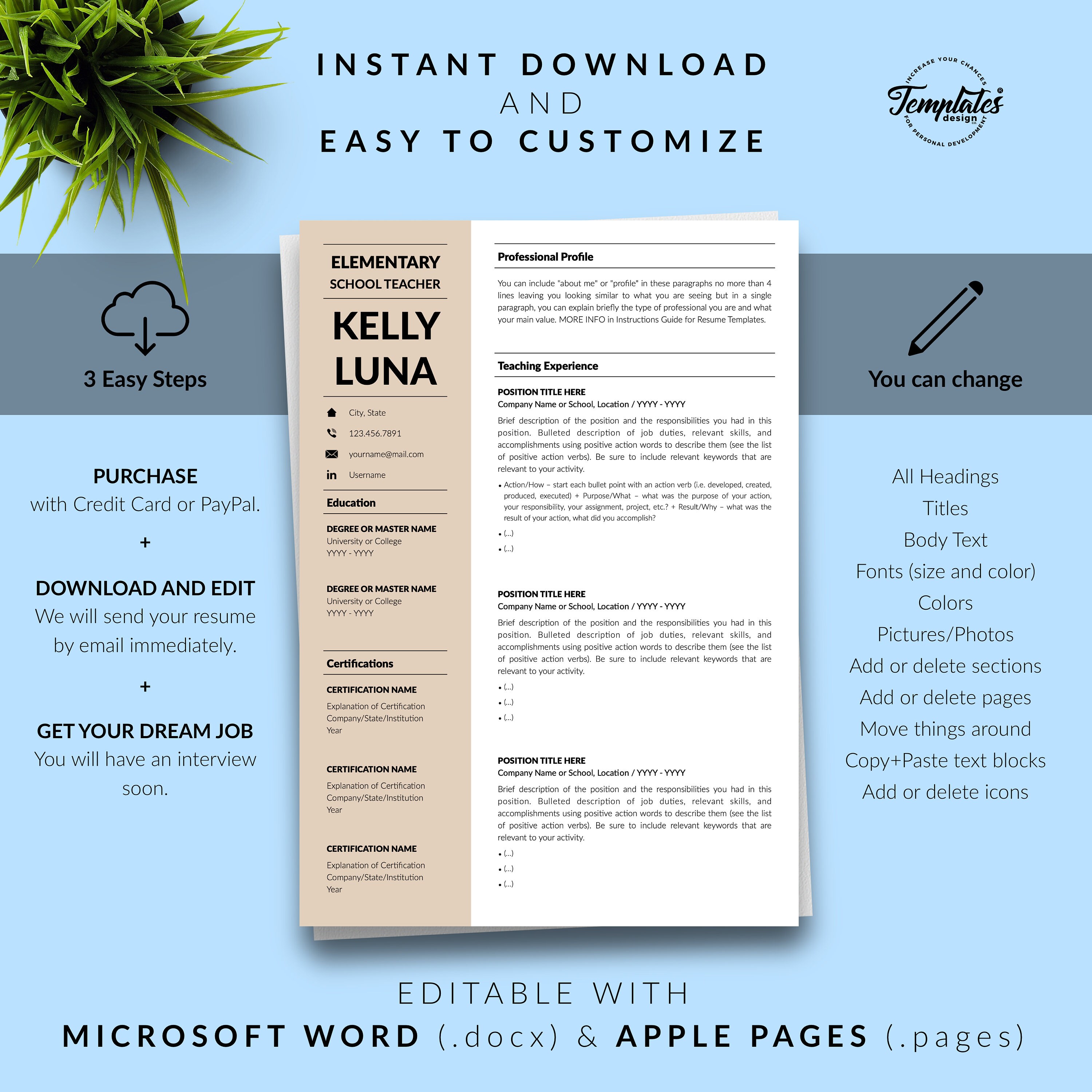 Professional Resume With Cover Letter for Teacher / Teaching Resume CV ...