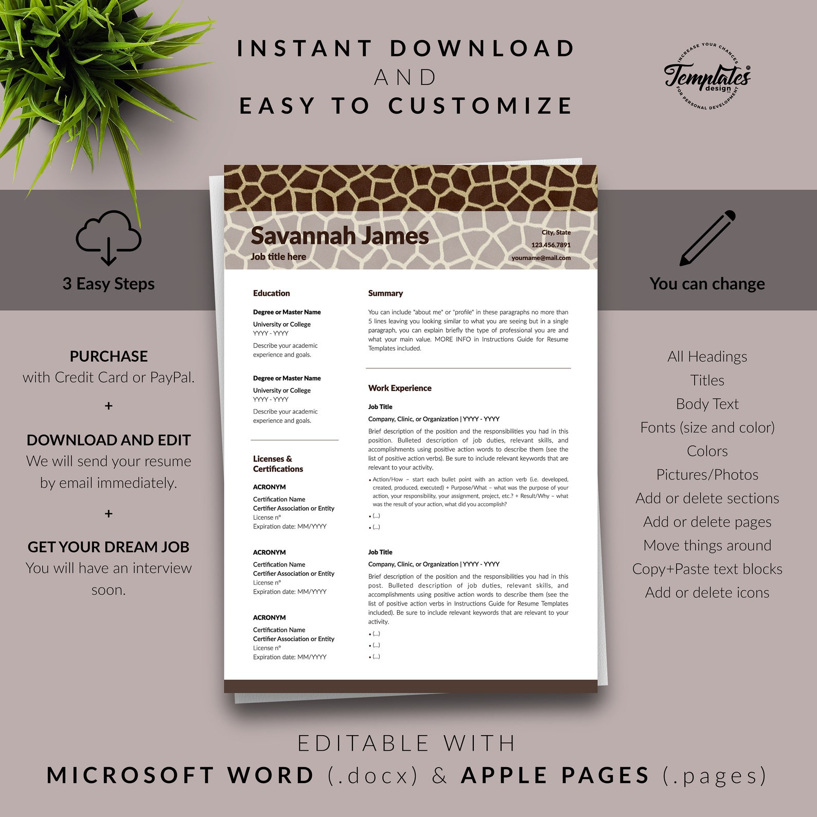 Zoologist Resume Template for Word & Pages / Animal Care CV for ...