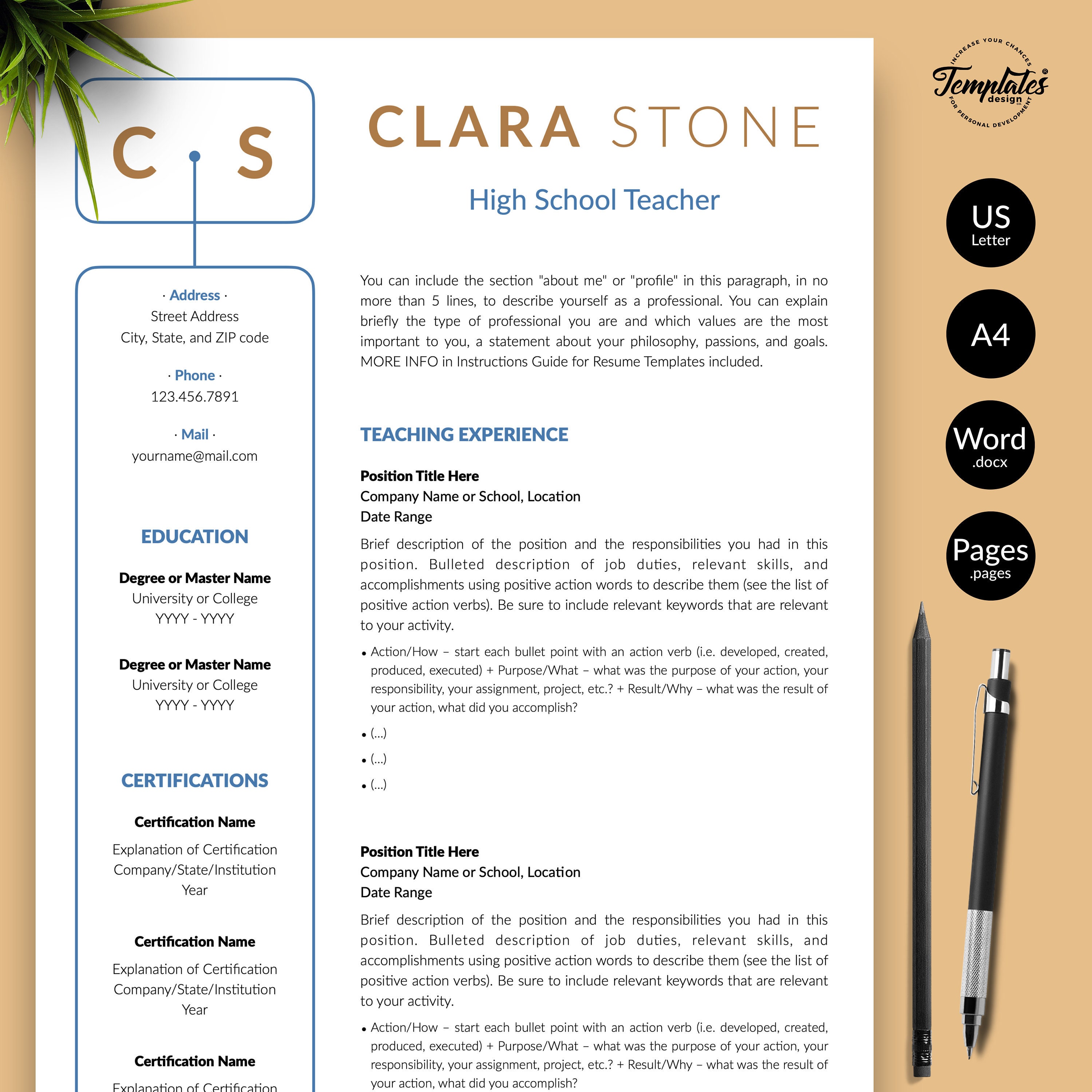 Creative Resume Template for Teacher / Teacher CV for Word & - Etsy