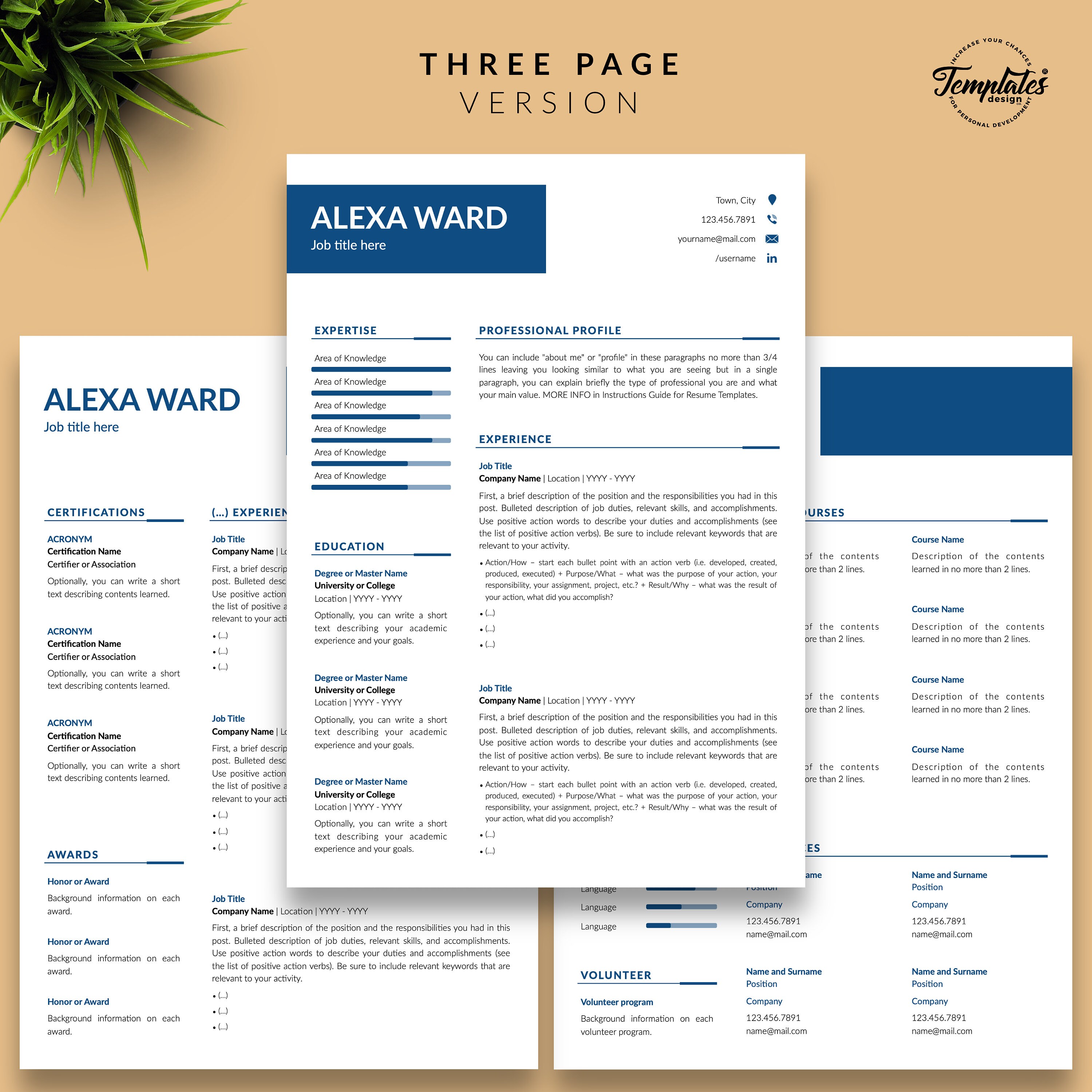 Professional Resume Template Word / 1, 2, and 3 Page Resume Simple CV ...