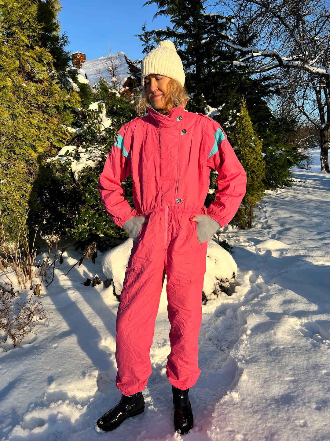 Vintage Pink Ski Suit Women One Piece Snowsuit Hipster Ski Suit Winter ...