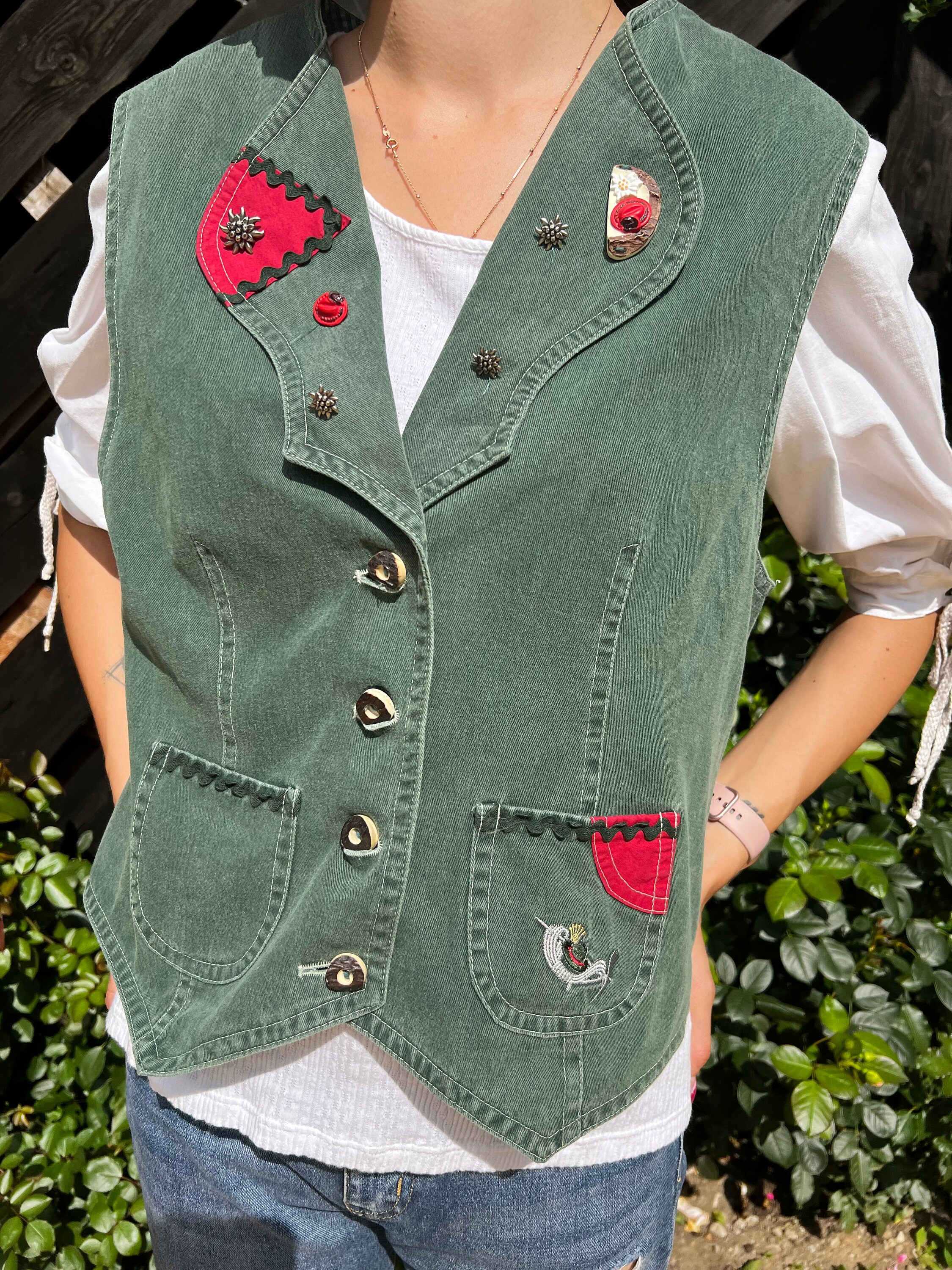 Vintage Moss Green Denim Austrian Vest Women's Jeans Loden Traditional ...