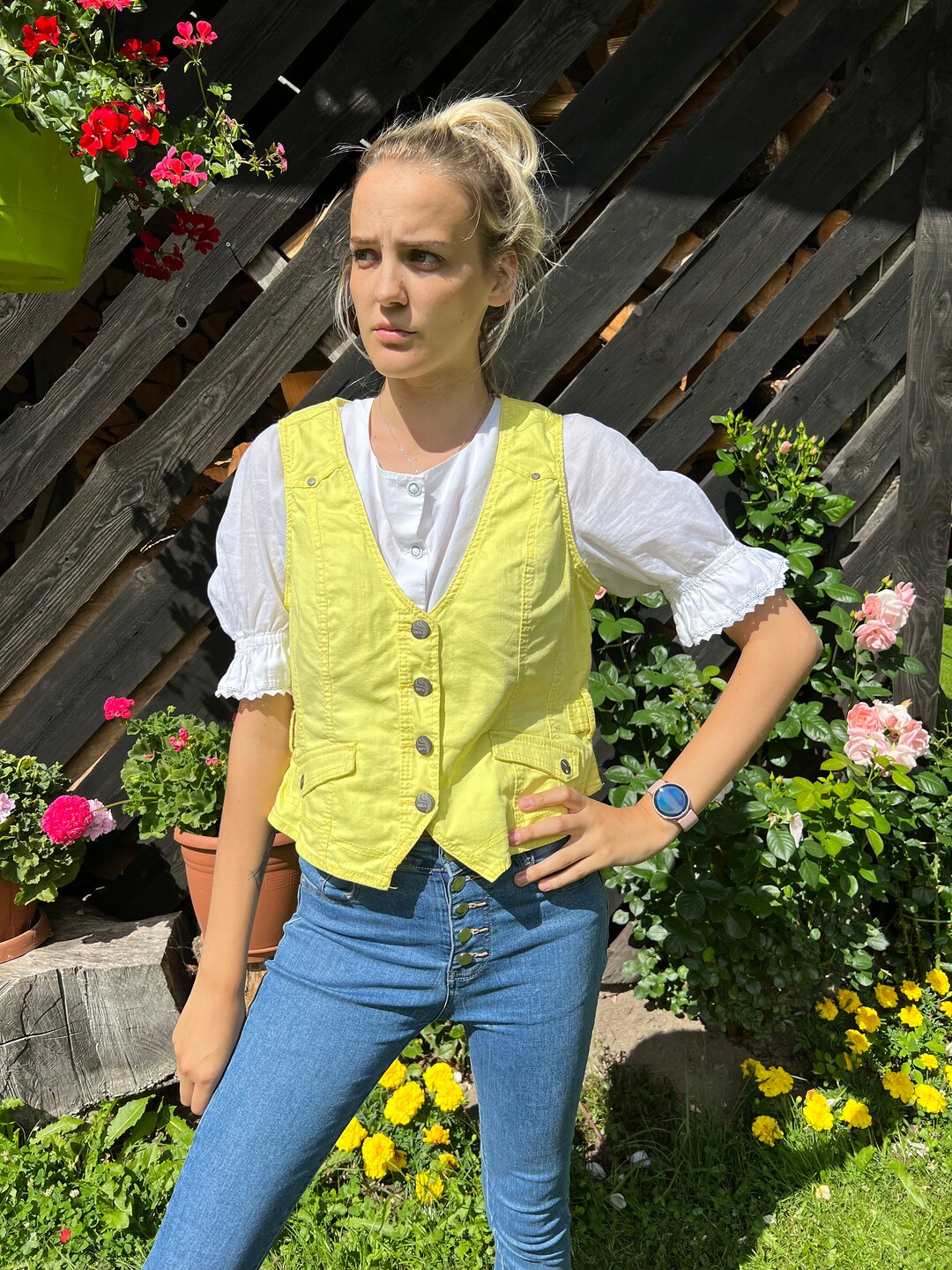 Vintage Denim Pale Yellow Vest Women Denim Vest Large Size Denim Vest ...