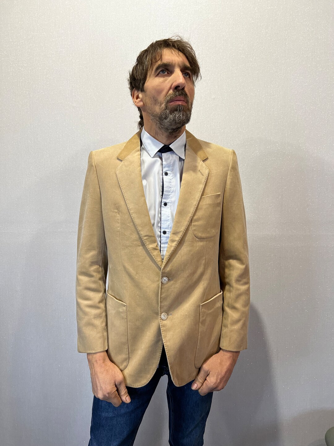 Vintage Beige Sport Coat Velvet Blazer Men's Cotton Jacket Urban Casual ...